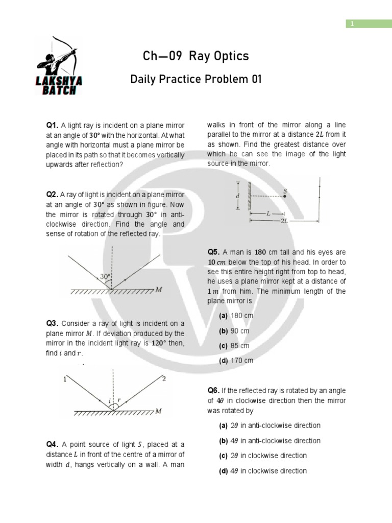 Ray Optics DPP 01 (Of Lect 01) - CH09DPP01 | PDF | Mirror | Optics