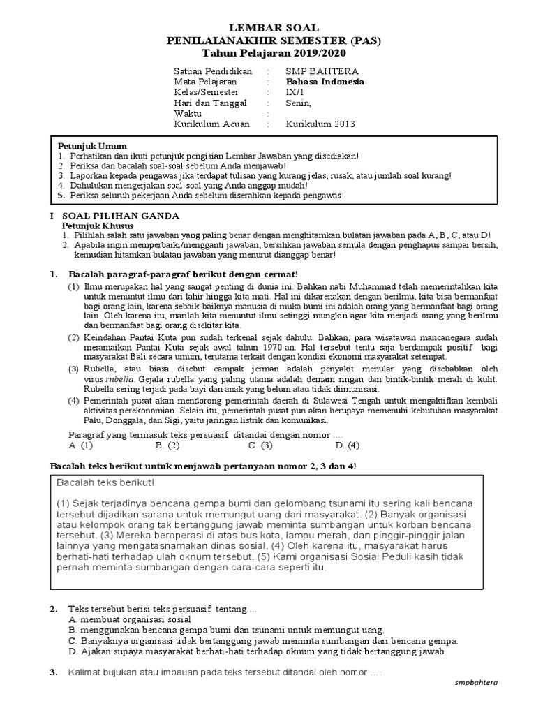 Soal PAS B.Indo Kelas 9 K13 | PDF