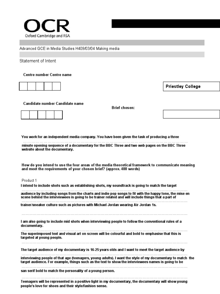 CCS438 A Level Media Studies Statement of Intent | PDF | Mass Media ...