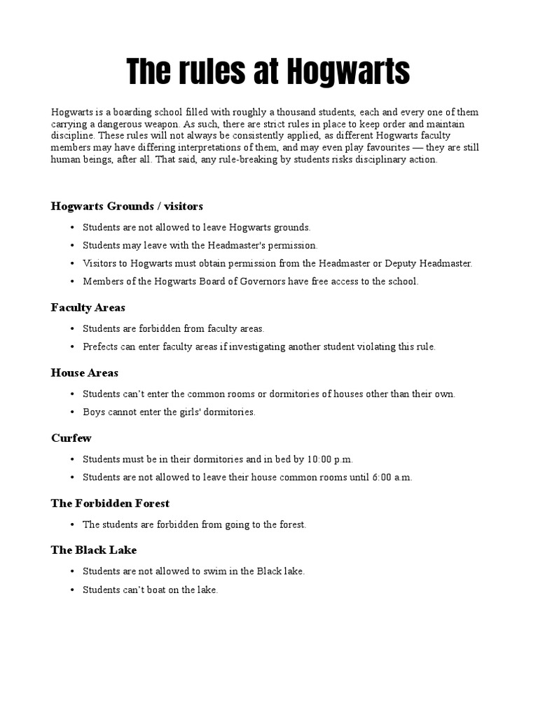 The Rules at Hogwarts Reading Comprehension Exercises Worksheet ...