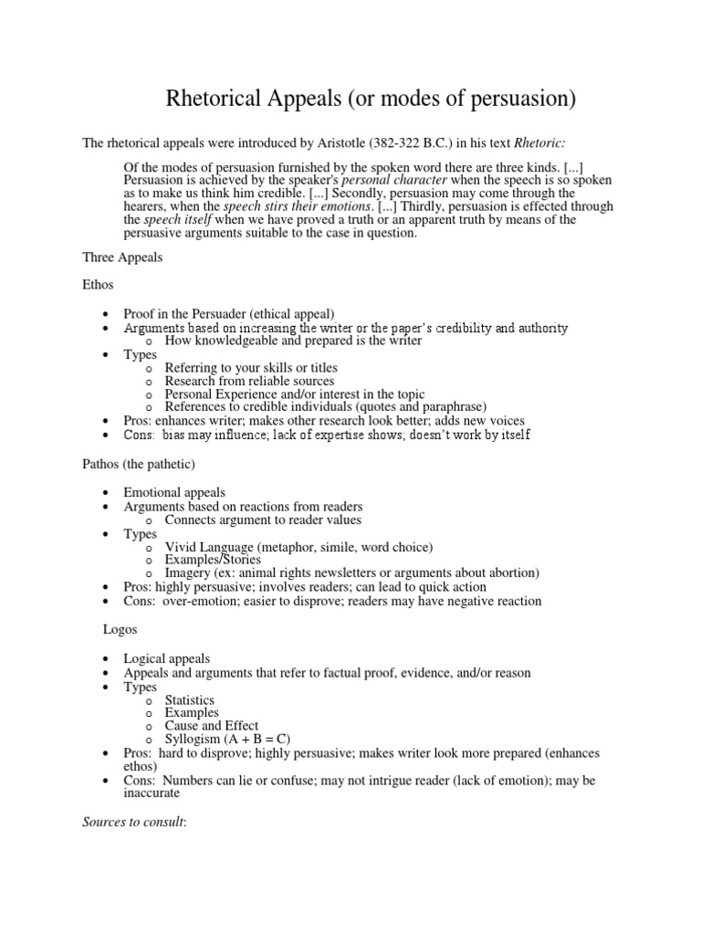 Rhetorical Appeals (Or Modes of Persuasion) : Sources To Consult | PDF