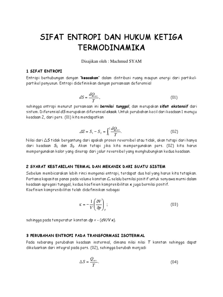 Sifat Entropi Dan Hukum Ketiga Termodinamika | PDF
