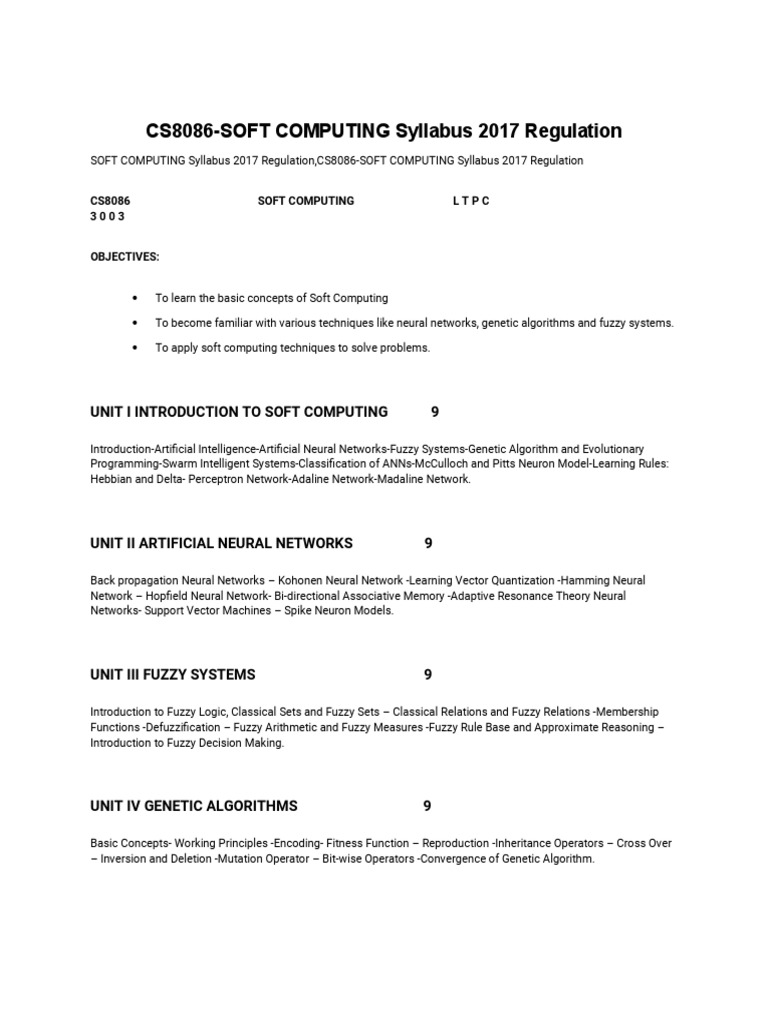 CS8086-SOFT COMPUTING Syllabus 2017 Regulation | PDF | Fuzzy Logic | Systems Science