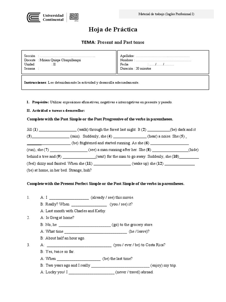 Hoja de Práctica: TEMA: Present and Past Tense | PDF | Morphology ...