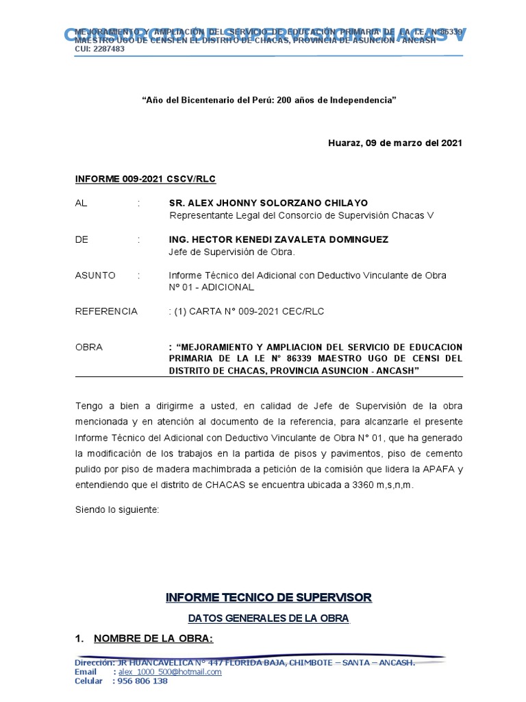 Informe Tecnico de Adicional Con Deductivo Vinculante de Obra | PDF | Presupuesto | Fundación ...