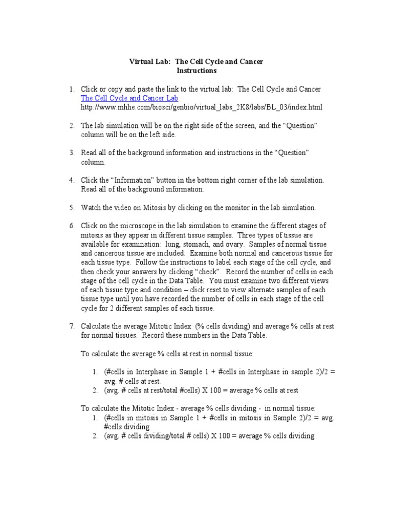 Cell Cycle and Cancer Virtual Lab Guide | PDF | Science & Mathematics