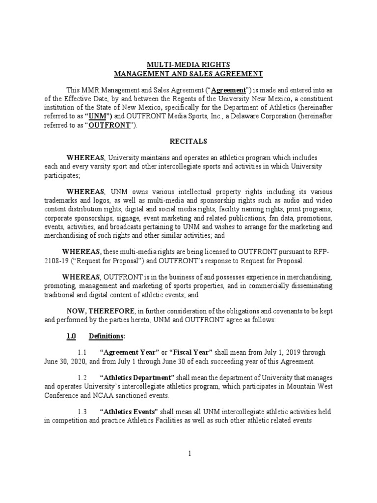 Outfront Unm, Multi Media Rights Agreement | PDF | Indemnity ...