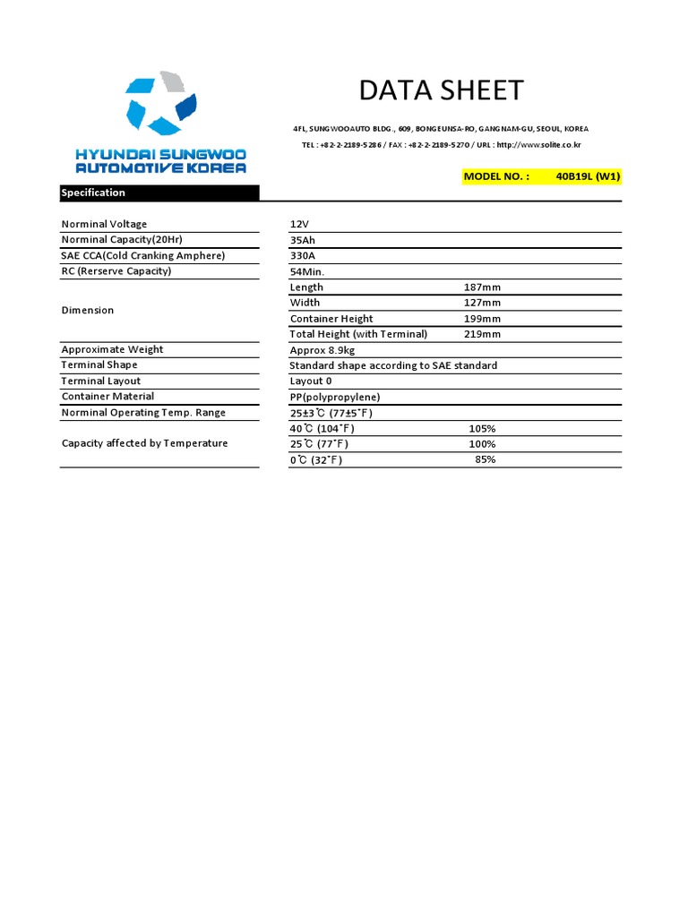 40B19L Battery Specifications Overview | PDF