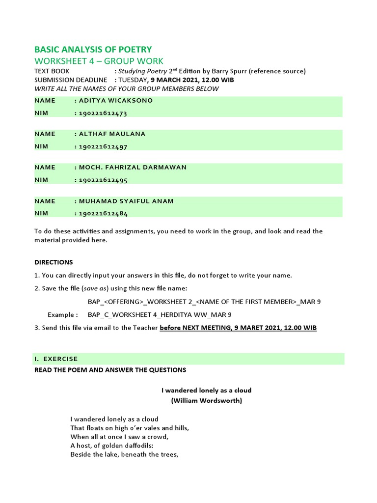 Poetry Analysis Group Worksheet | PDF | Loneliness | Filename