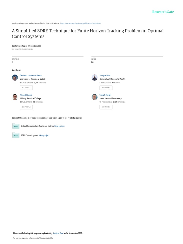 A Simplified SDRE Technique For Finite Horizon Tracking Problem in Optimal Control Systems | PDF ...