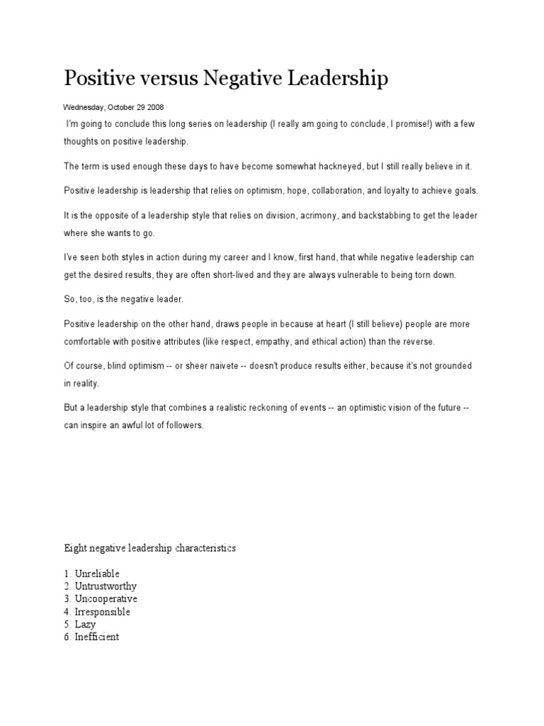 Positive Versus Negative Leadership | PDF | Leadership | Leadership