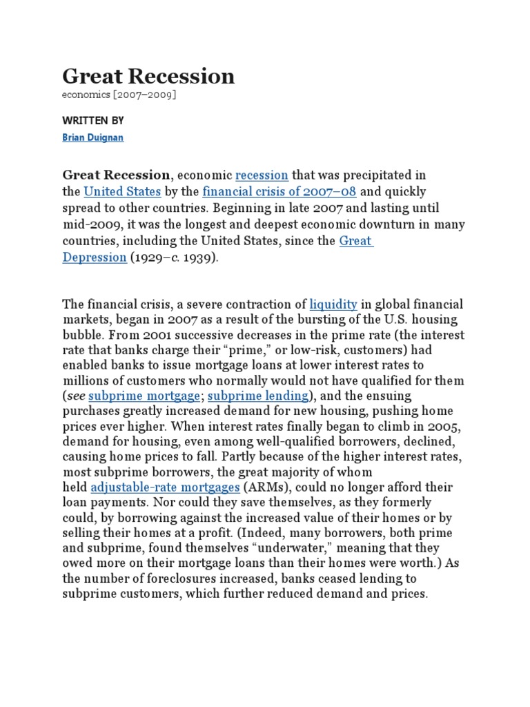 Great Recession | PDF | Financial Crisis Of 2007–2008 | Great Recession