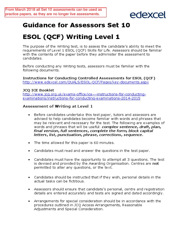 ESOL Level 1 Writing Assessment Guide | PDF | English As A Second Or ...