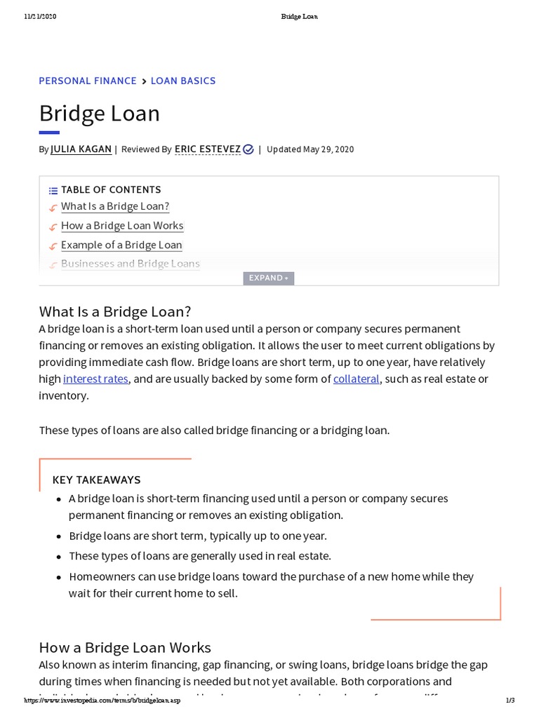 Bridge Loan - Investopedia | PDF | Loans | Mortgage Loan