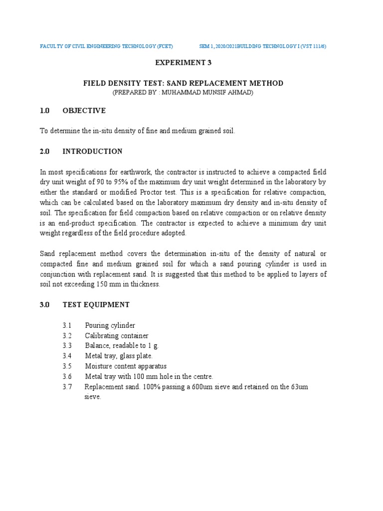 Experiment 3 Field Density Test: Sand Replacement Method: (Prepared By ...