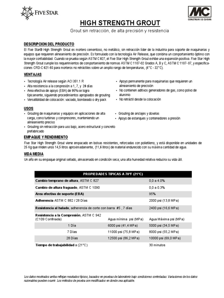 FT - MC - Five Star High Strength Grout | PDF | Hormigón | Materiales ...
