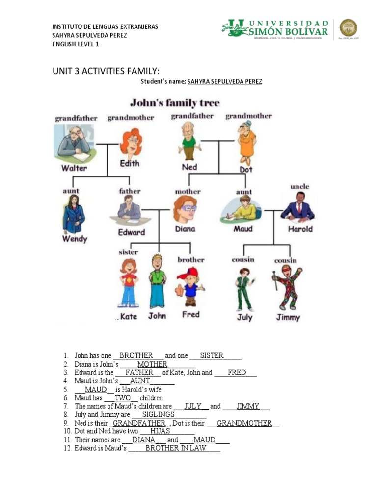 English Family Vocabulary Exercise | PDF