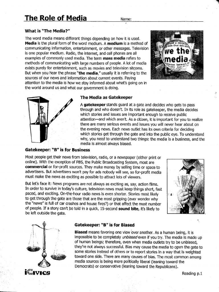 Role of The Media Reading and Worksheet | PDF