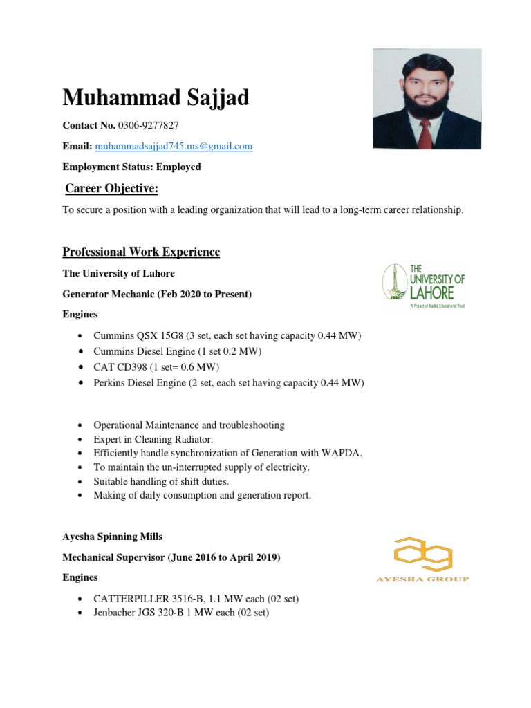 Muhammad Sajjad CV Dubai Format | PDF | Engines | Energy Technology