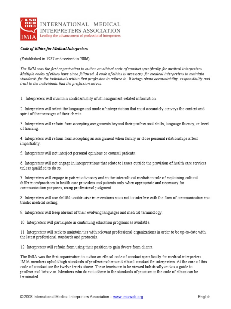 IMIA Code of Ethics | PDF | Language Interpretation | Confidentiality