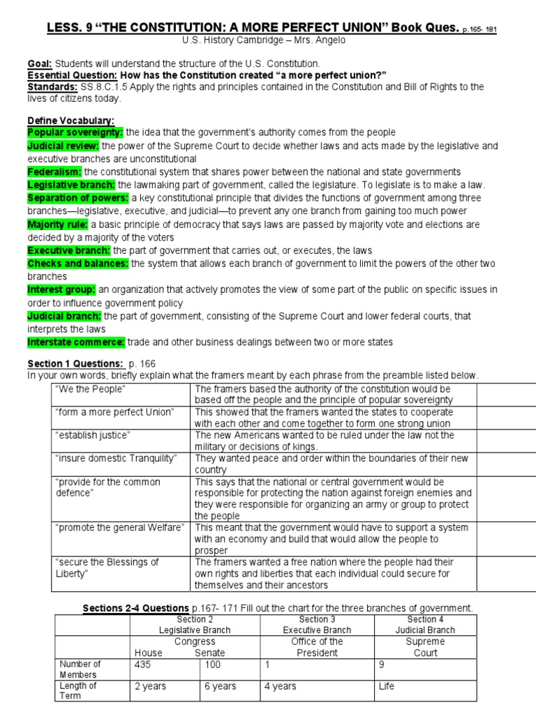 Lesson 9 Book Questions | PDF | Separation Of Powers Under The United ...
