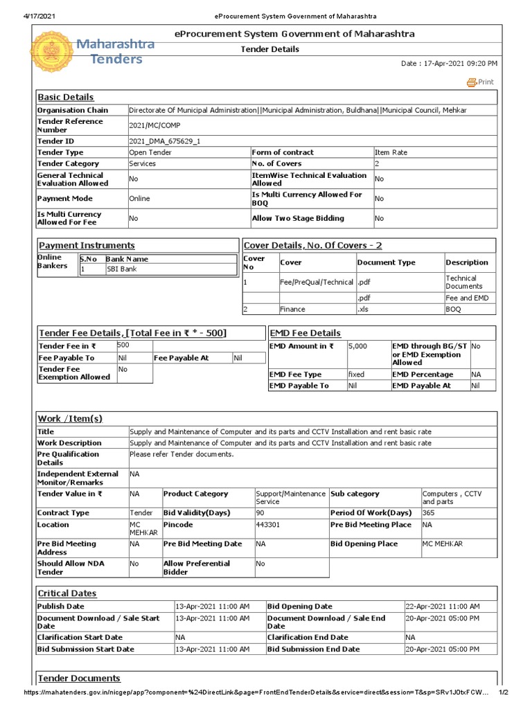 Basic Details: Eprocurement System Government of Maharashtra | PDF ...