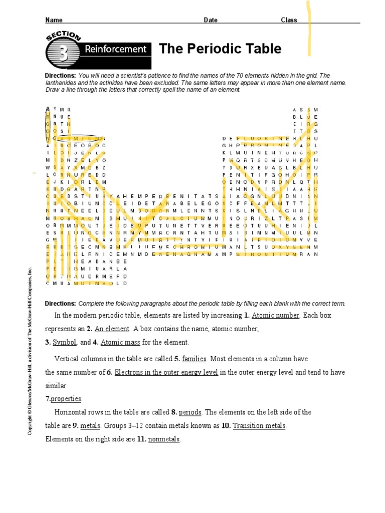 Reinforcement The Periodic Table Editable | PDF