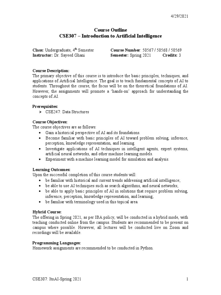 Intro To AI Course Outline Spring2021-SG-V2.0 | PDF | Artificial ...
