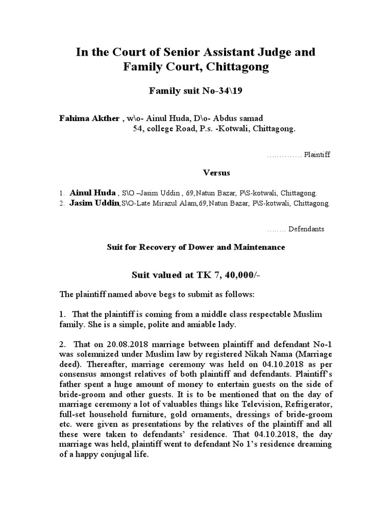 Plaint of Family Suit | PDF | Lawsuit | Marriage