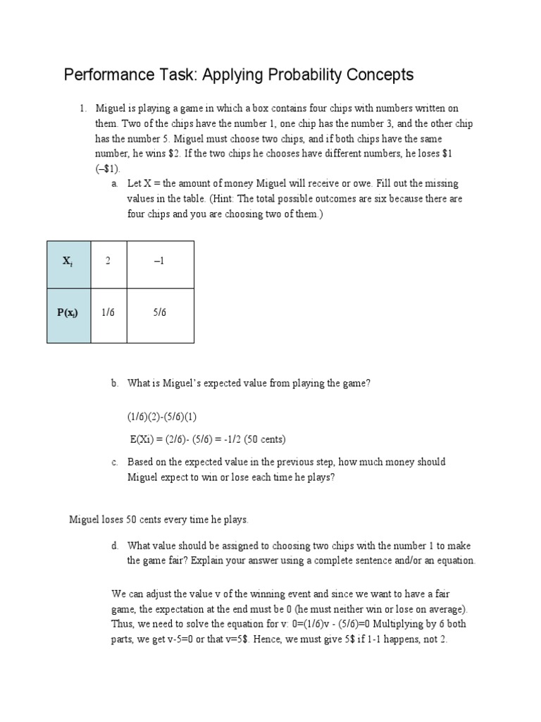 Performance Task: Applying Probability Concepts | PDF | Odds | Expected Value