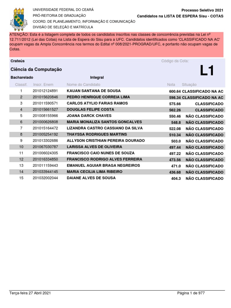 Lista de Espera Sisu - Cotas UFC 2021 | PDF | Avaliação educacional e ...