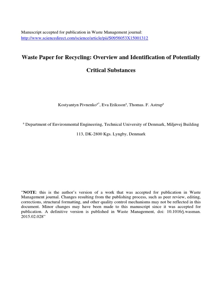 Waste Paper For Recycling Overview and I | PDF | Paper | Chemical ...