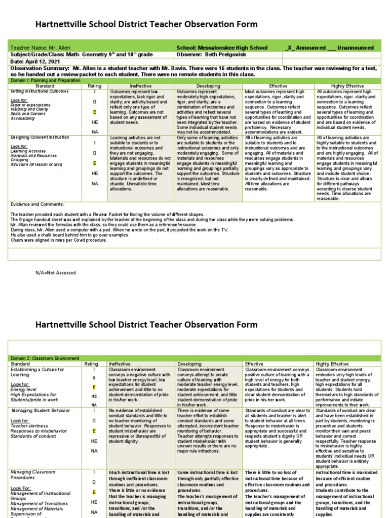 Model Teacher Observation Rubric For Class | PDF | Educational ...