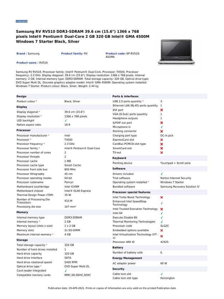 Samsung rv510 Especificaiones | PDF | Wi Fi | Ieee 802.11