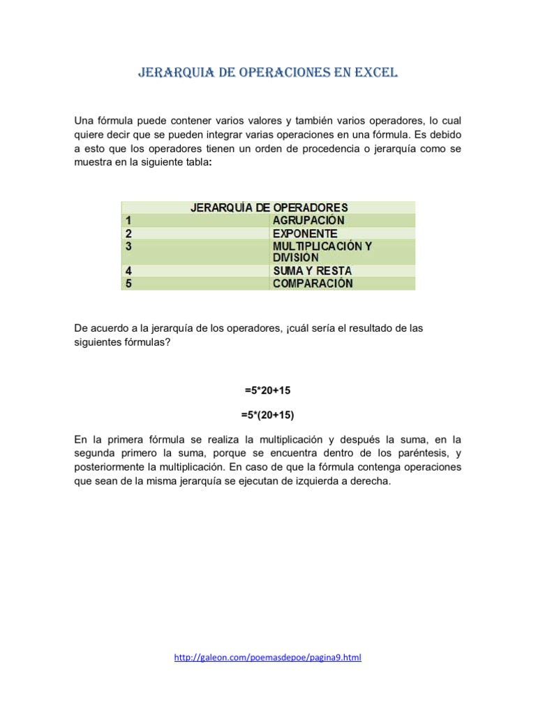 Jerarquia de Operaciones en Excel | PDF