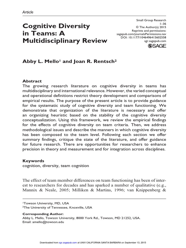 Cognitive Diversity in Teams: A Multidisciplinary Review: Abby L. Mello ...