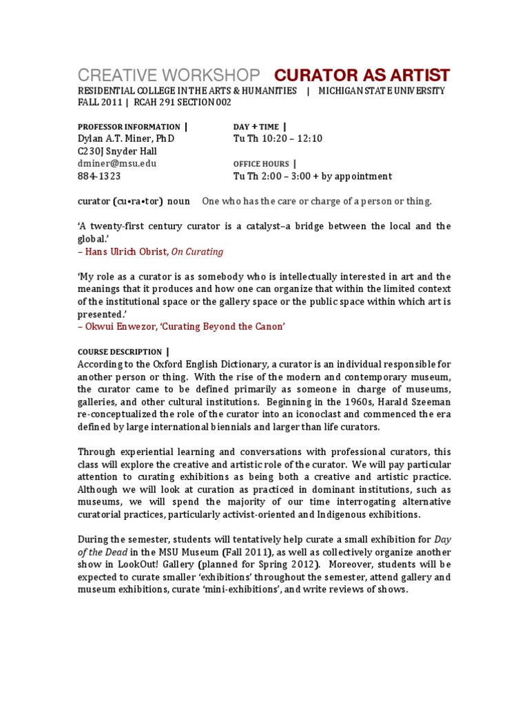 The Curator As Artist Syllabus | PDF | Curator | Museum