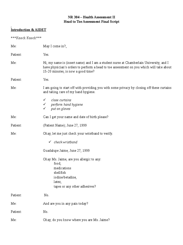NR 304 - Health Assessment II Head To Toe Assessment Final Script ...