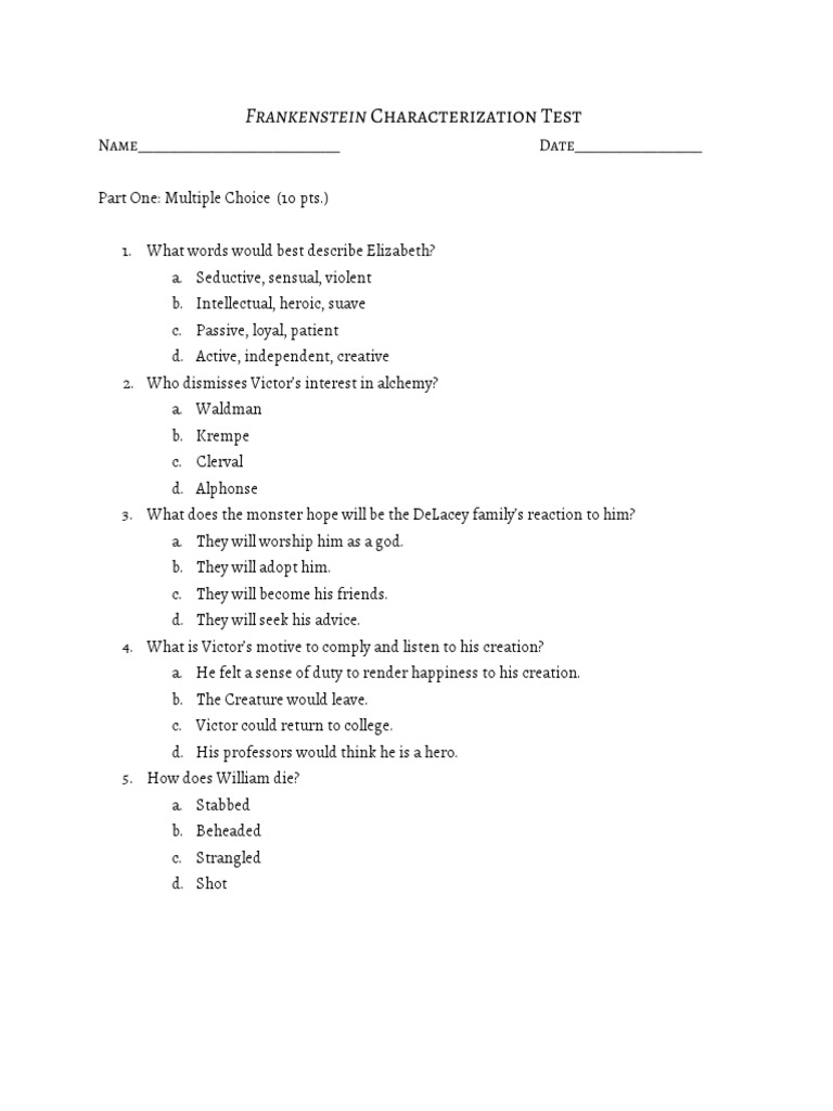 Frankenstein Character Test | PDF | Frankenstein