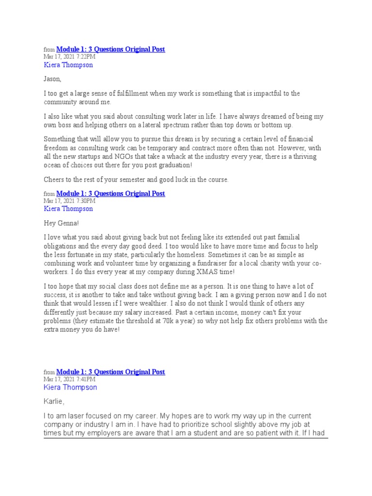 Kiera Thompson: Module 1: 3 Questions Original Post | PDF