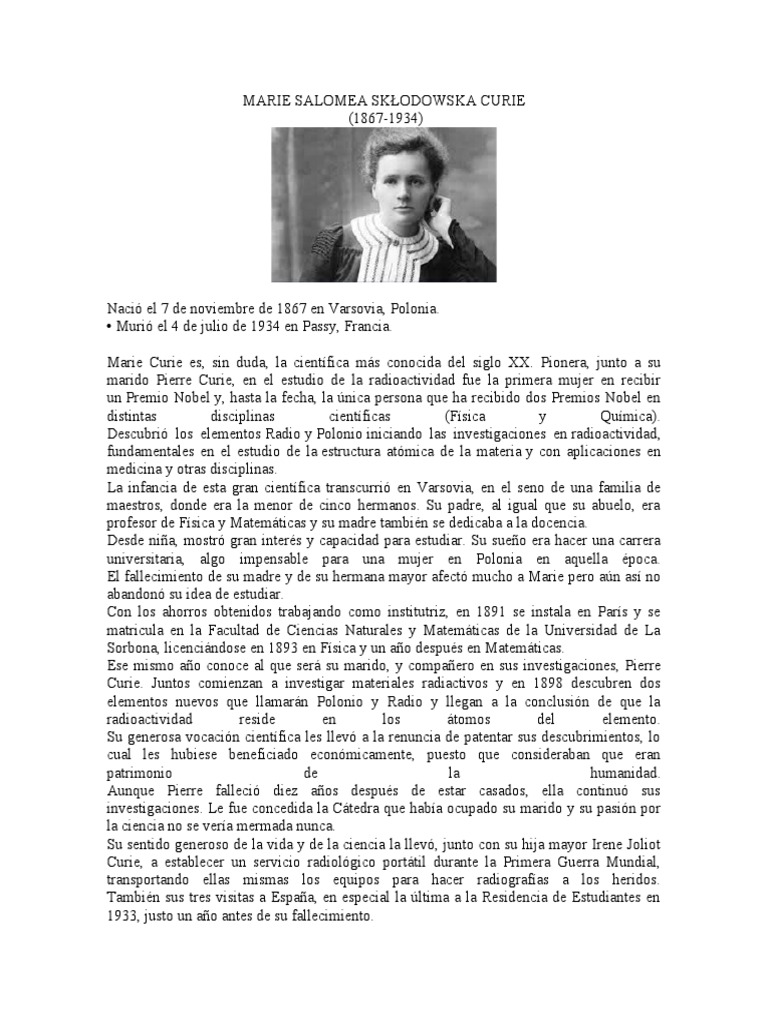 BIOGRAFIA MARIE SALOMEA SKŁODOWSKA CURIE | PDF | Marie Curie | Science