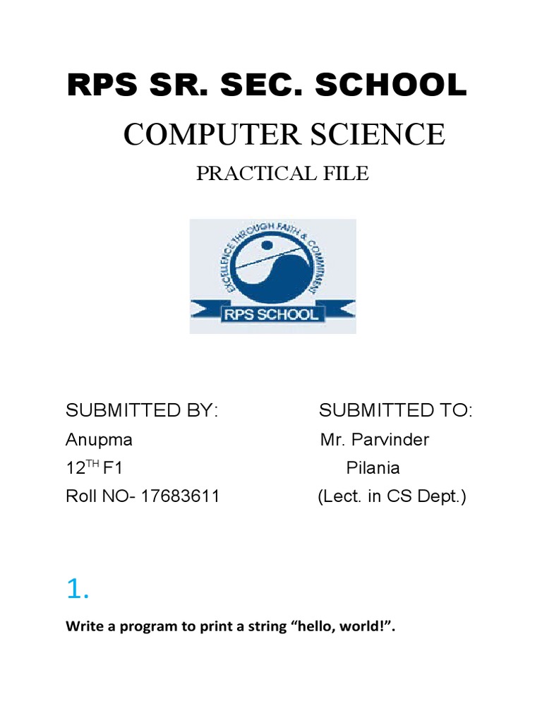 Rps Sr. Sec. School Computer Science: Practical File | PDF | Data | Computer Programming