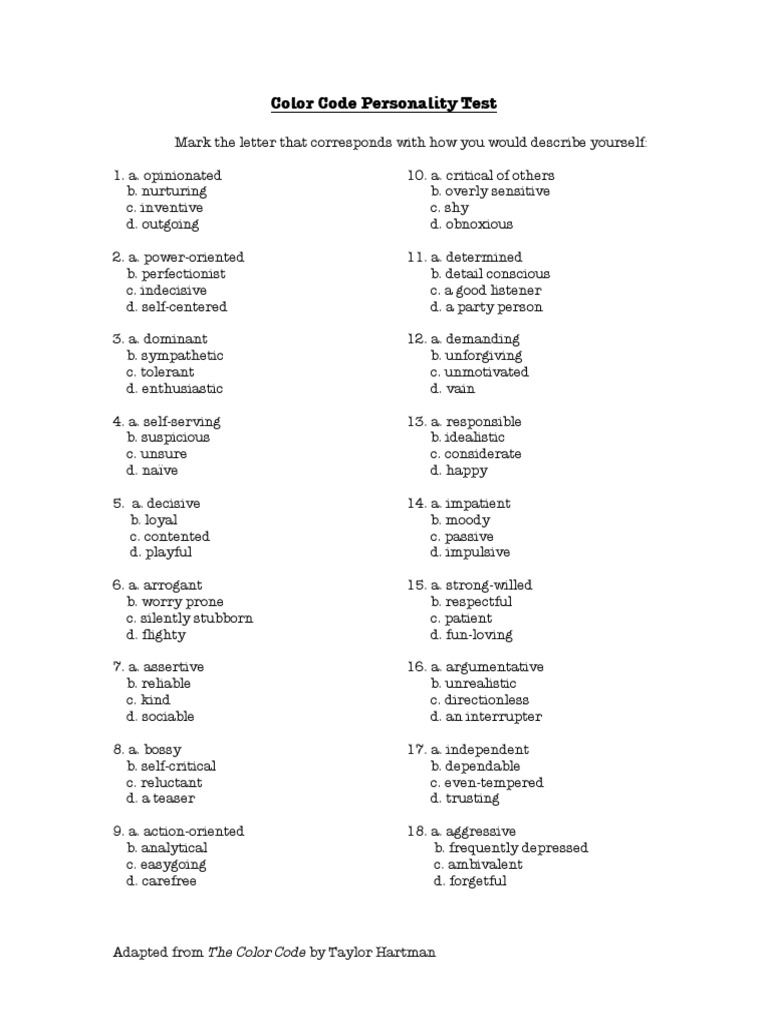 Color Code Personality Test | PDF | Human Nature | Psychology