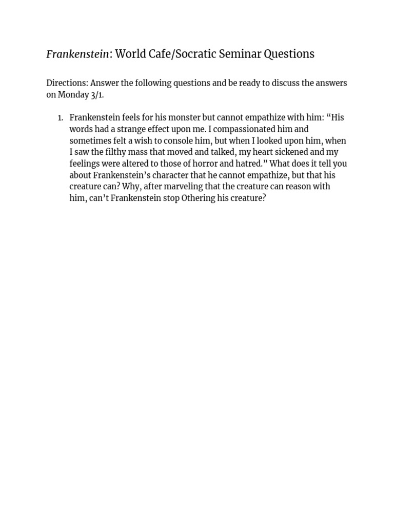 Frankenstein: World Cafe/Socratic Seminar Questions | PDF