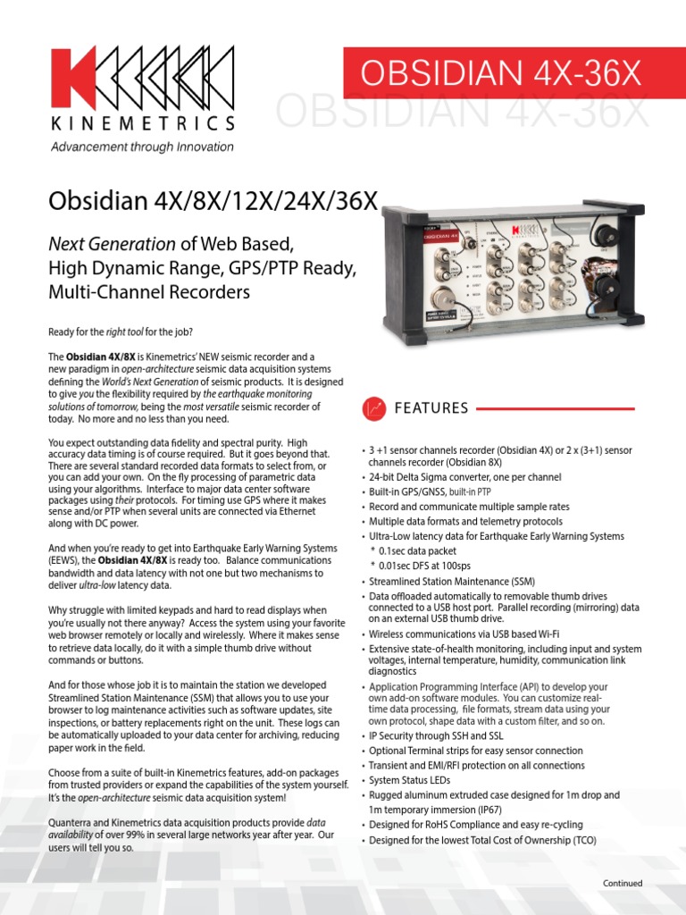Datasheet Obsidian 4x 8x 12x 24x 36x Accelerograph Kinemetrics | PDF | Usb | Usb Flash Drive