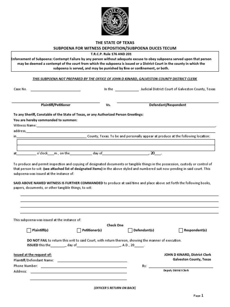 Supoena For Witnessdeposition | PDF | Subpoena | Legal Communication