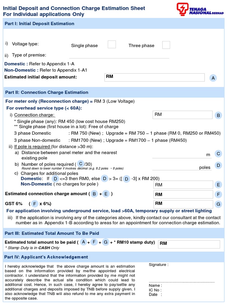 Initial Deposit and Connection Charge Estimation Sheet For Individual ...