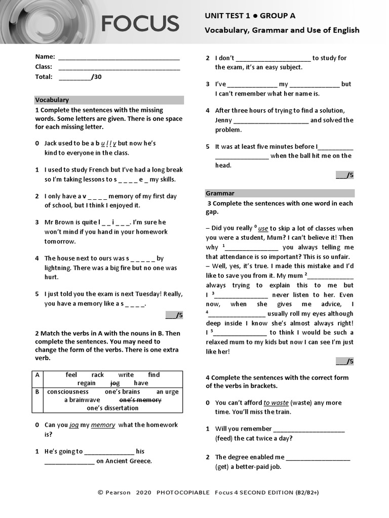 Focus4 2E Unit Test Vocabulary Grammar UoE Unit1 GroupA | PDF ...