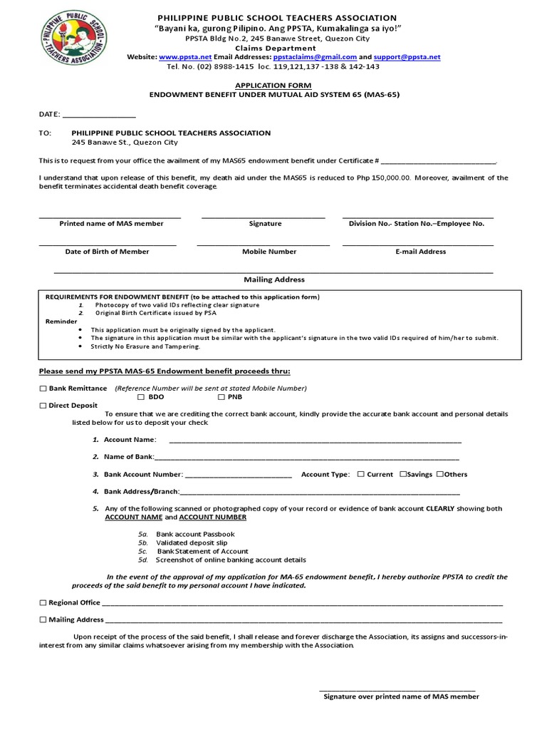 Mas65 Endowment Form | PDF | Banks | Financial Services