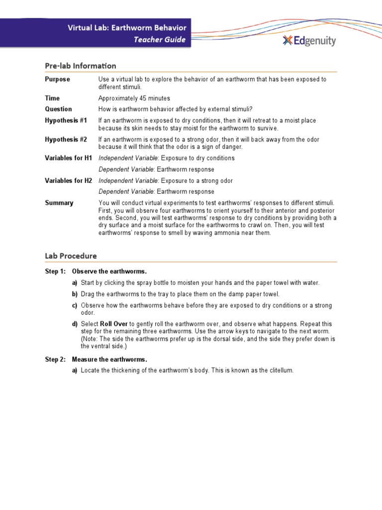 Pre-Lab Information: Virtual Lab: Earthworm Behavior | PDF | Odor | Psychological Concepts